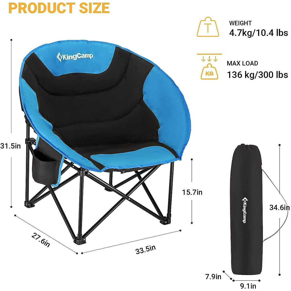 KingCamp Moon Saucer Camping Large Padded Folding Portable Heavy Duty Comfy Sofa Chair Supports 300lbs with Cup Holder and Carry Bag for Lawn Patio Sports, 27. 6" × 33. 5" × 31. 5", Black/RoyalBlue