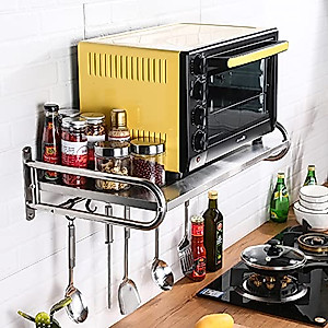 QUNIMA Microwave Shelf Wall Mount w/6 Hook, Microwave Hanging Kit, 22'' Stainless Steel Storage Shelves for Kitchen/Bathroom (Black/Weight 120 lbs)