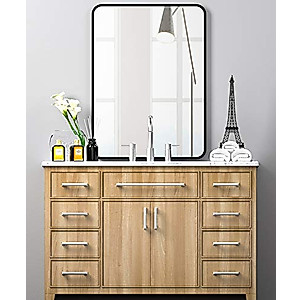 USHOWER 24 x 36 Inch Bathroom Mirror, Matte Black Rectangle Mirror for Wall, Rounded Metal Frame Vanity Mirror