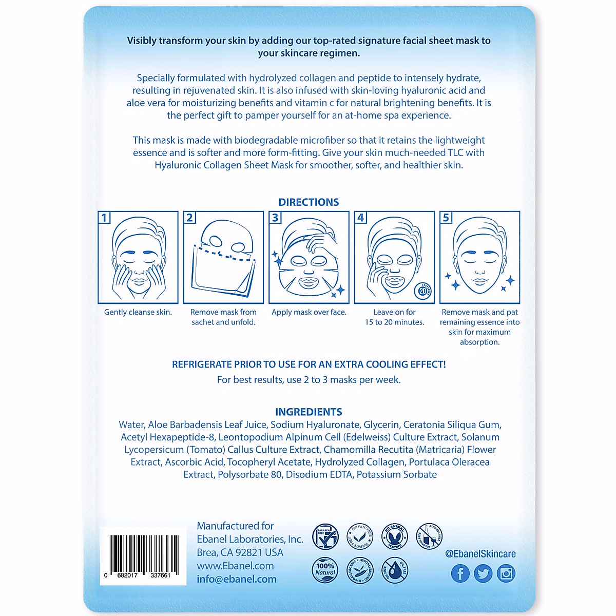 Ebanel 15 Pack Collagen Peptide Hydrating Face Masks, Instant Brightening Firming Anti Aging Face Sheet Masks, Moisturizing Spa Face Masks Skincare with Hyaluronic Acid, Vitamin C, Chamomile, Aloe