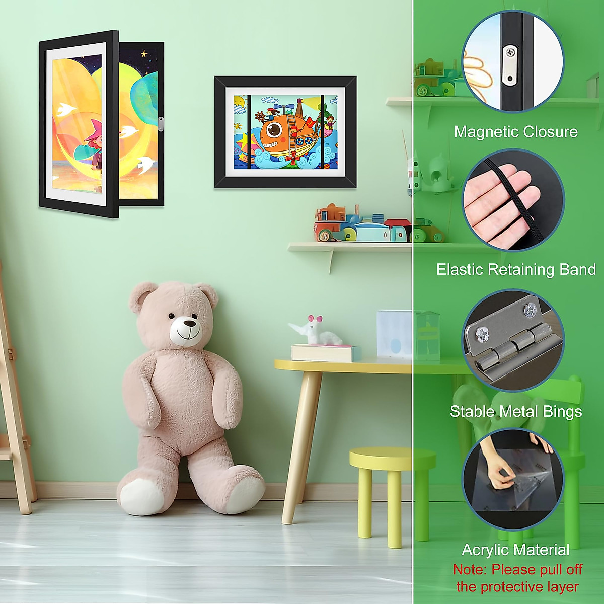 G4S3 2 Pack Kids Art Frame, 8.5x11 Front Opening Kids Artwork Frames Changeable, Chind Artwork Display Storage Frame for 3D Picture Crafts, Children Drawing Hanging Art, Holds 50-100 Pcs, Black