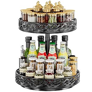 Lazy Susan Organizer Lazy Susan Turntable for Cabinet Table 2 Tier Lazy Susan Spice Rack Organizer 12 Inch Adjustable Height for Kitchen Dining Table Bathroom Vanity with Non-Slip Pad Black Metal