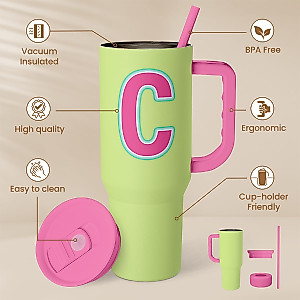 SANDJEST Stainless Steel Slider Tumbler With Handle 40oz & Jewelry Case with Initial C