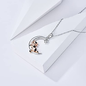 URONE Cow Necklace Sterling Silver Cow Moon Pendant Cute Cow Animal Jewelry Gifts for Women Girls