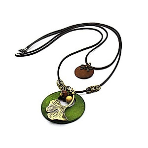 Les umes Vintage Necklace Wooden Pendant Long Necklaces for Women Boho Ethnic Style Handmade Jewelry Ginkgo Green