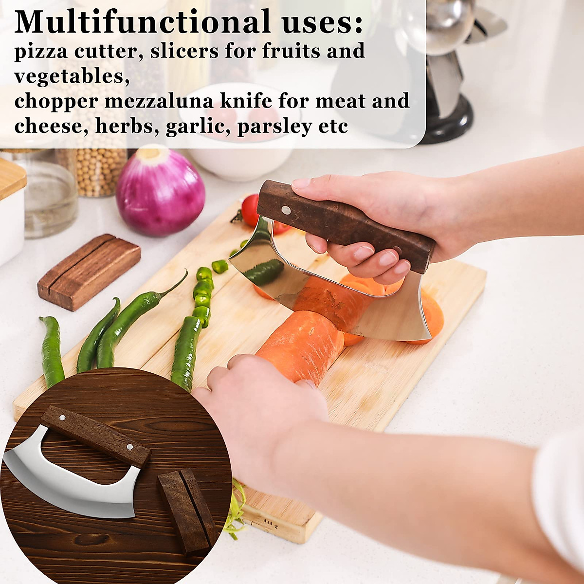 Hanaive 2 Set Pizza Cutter Mezzaluna Ulu Knife with Base Salad Veggies Chopper Slicer Cutter Mezzaluna Knife Cleaver Chopping Salad Chopper Stainless Steel Blade for Chef