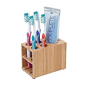 MobileVision Toothbrush and Toothpaste Holder Stand for Bathroom Vanity Storage, Bamboo, 5 Slots