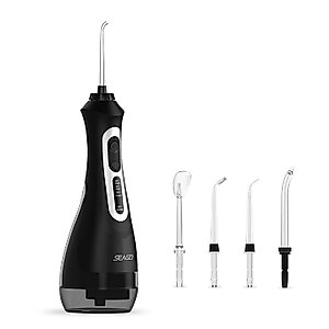 Beantech SEAGO 200 Milliliter Rechargeable Black Cordless Portable Water Flosser Dental Oral Irrigator for Teeth, 5 Jet Tips, IPX7 Waterproof, Powerful Battery Life, for Home and Travel, (SG-833BLK)