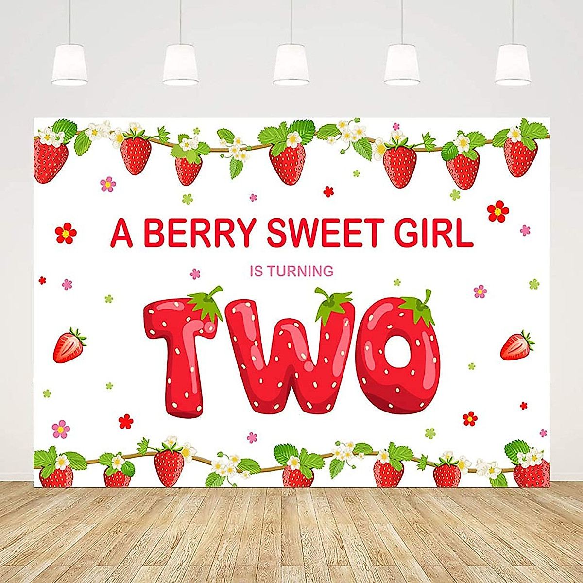 MEHOFOND 7x5ft Sweet Strawberry Theme 2nd Birthday Party Decoration Backdrop for Berry Sweet Girl Two Year Old Photography Background Cake Table Gift Table Photo Props Banner Supplies