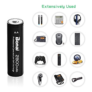 BONAI AA Rechargeable Batteries with Charger 8 Pack 2800mAh High Capacity Ni-MH Rechargeable AA Batteries with Charger AA Set (8-Slot Charger with USB & Independent Design for AA AAA)