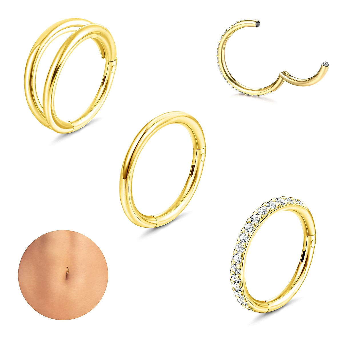 LOLIAS 14G Belly Button Rings for Women Surgical Steel Hoop Belly Button Rings Gold Tone CZ Navel Rings Diamond Belly Button Piercing Jewelry 3Pcs 8MM