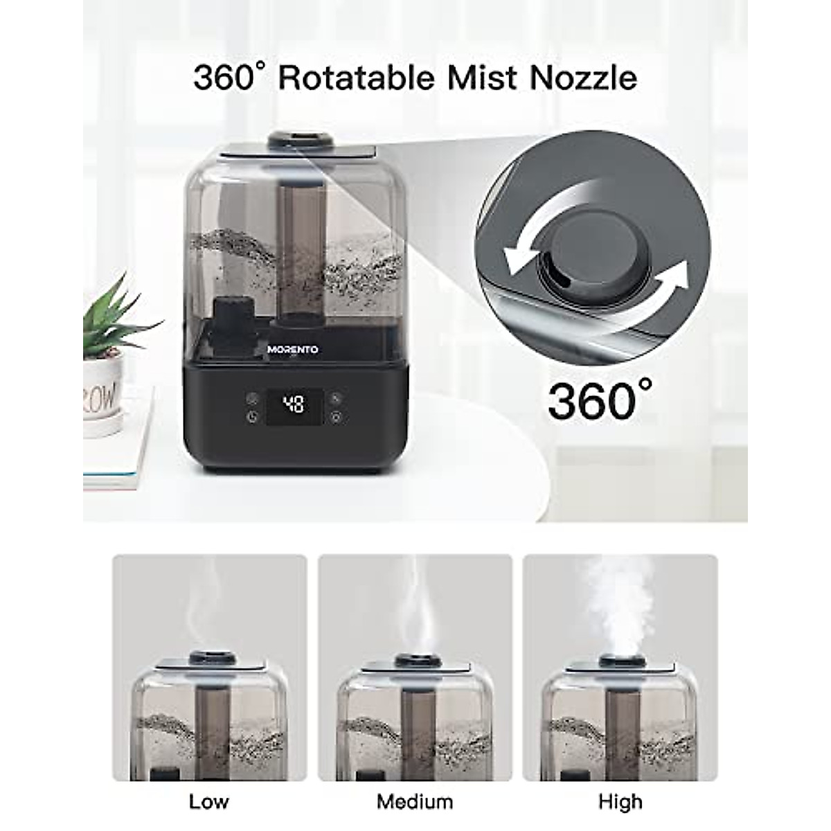 Humidifier for Bedroom Large Room, MORENTO 4.5L Top Fill Cool Mist Humidifier for Baby and Plants, Essential Oil Diffuser, Last up to 50Hrs with Night Light, Humidity Setting, Auto Shut-Off, Black