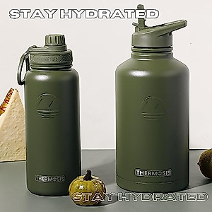 Thermosis 32 oz Insulated Water Bottle With Straw, 1 Liter Stainless Steel Water Bottles with 2 Lids (Straw and Handle Lids). Wide Mouth Travel Metal Water Bottle for Sports and Gym - Army Green