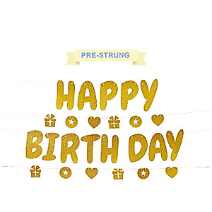 CUTPOPUP Gold Glitter Happy Birthday Banner - Pre-Strung - and Gold Glitter Circle, Star, Heart, Gift Dots Garland for Men Women Birthday Party Decorations, Happy Birthday Door Banner