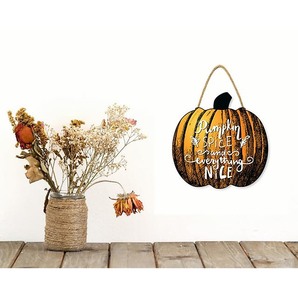 LERJIMUX Fall Sign Thanksgiving Door Hanger Pumpkin Spice And Everything Nice Sign Wooden Pumpkin Decor Hanging Porch Sign for Autumn Harvest Thanksgiving Farmhouse Wall Decoration