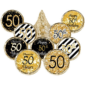 Black and Gold 50th Birthday Party Favor Chocolate Kisses Candy Stickers - 180 Labels