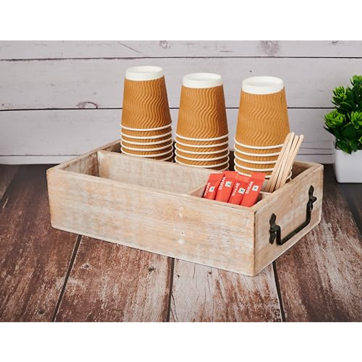 Eximious India Coffee Station Organizer, Bar Farmhouse Cup Coffee Pod Holder with Handle, Storage Bin for Coffee Tea Bag Stirrer Accessories Organizer for Countertop (White)