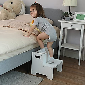 Wooden Step Stool,Two Step Stool for Kids/Adults,Supports 200 lbs Kids Toddler Stepping Stool Toilet/Kitchen/Bed Step Stool,White