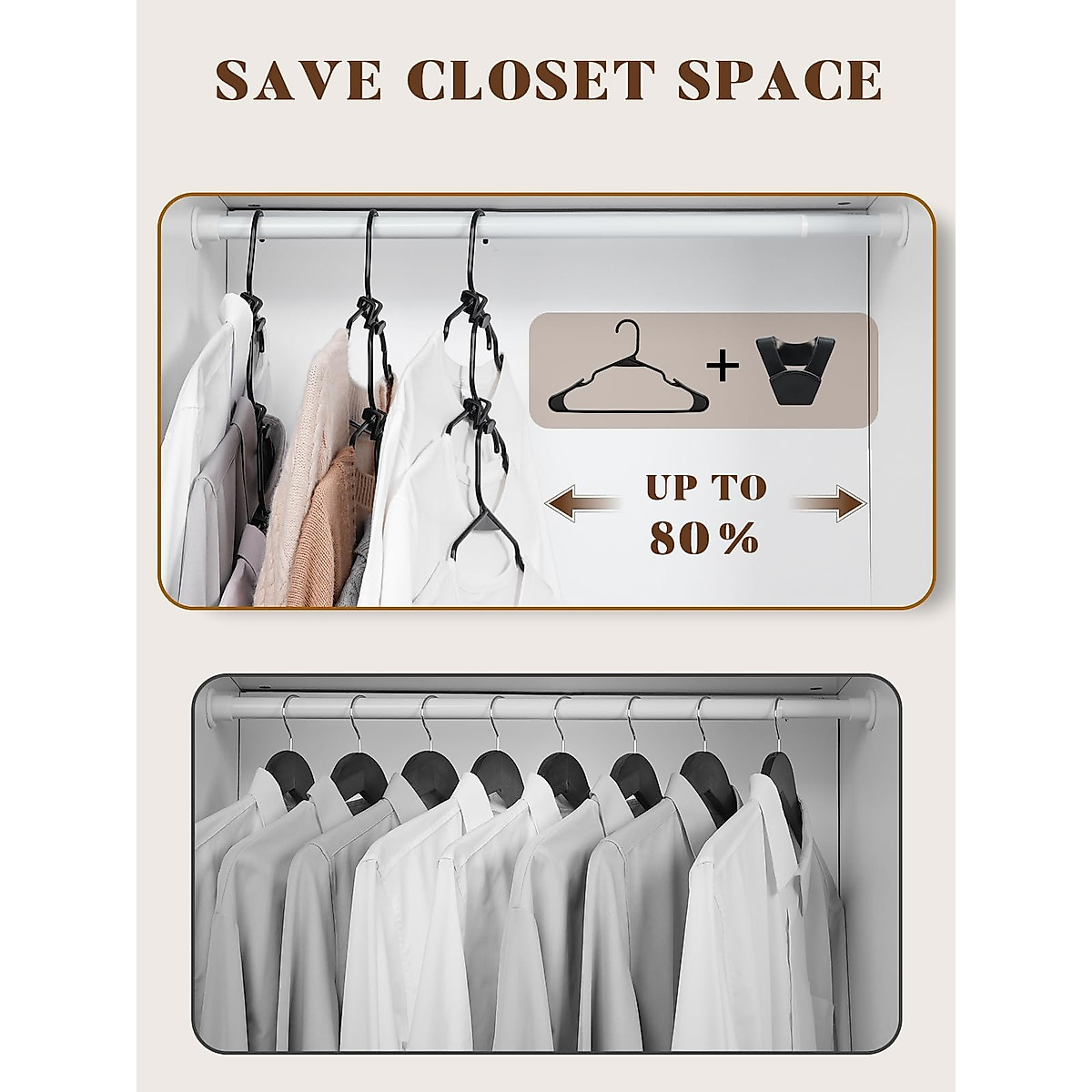 HOUSE DAY Black Plastic Hangers 50 Pack with 20 Pack Hanger Connector Hooks, Premium Slim Clothes Notched Hangers Space Saving, Heavy Duty Closet Hangers for Coat, Suit, Shirt, Dress