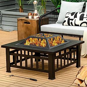 Giantex 32" Outdoor Fire Pit, 3 in 1 Square Wood Burning Fire Table, Multifunctional Firepit for Outside Patio Backyard Porch Garden, Bonfire Stove Fireplace with Rain Cover for Picnic, Camping