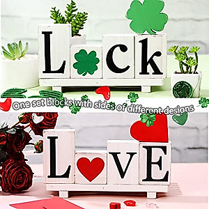 Glenmal 6 Pieces St. Patrick's Day Table Clover Signs Set Farmhouse St. Patrick's Day Wood Sign Double Side Four Leaf Clover Heart Block Wooden Luck Tiered Tray Decor for Kitchen Mantle Office Decor