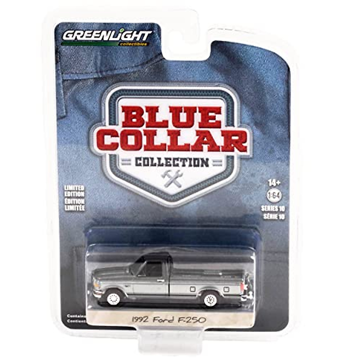1992 F-250 Pickup Truck Dark Gray Metallic with Silver Sides Blue Collar Collection Series 10 1/64 Diecast Model Car by Greenlight 35220 D