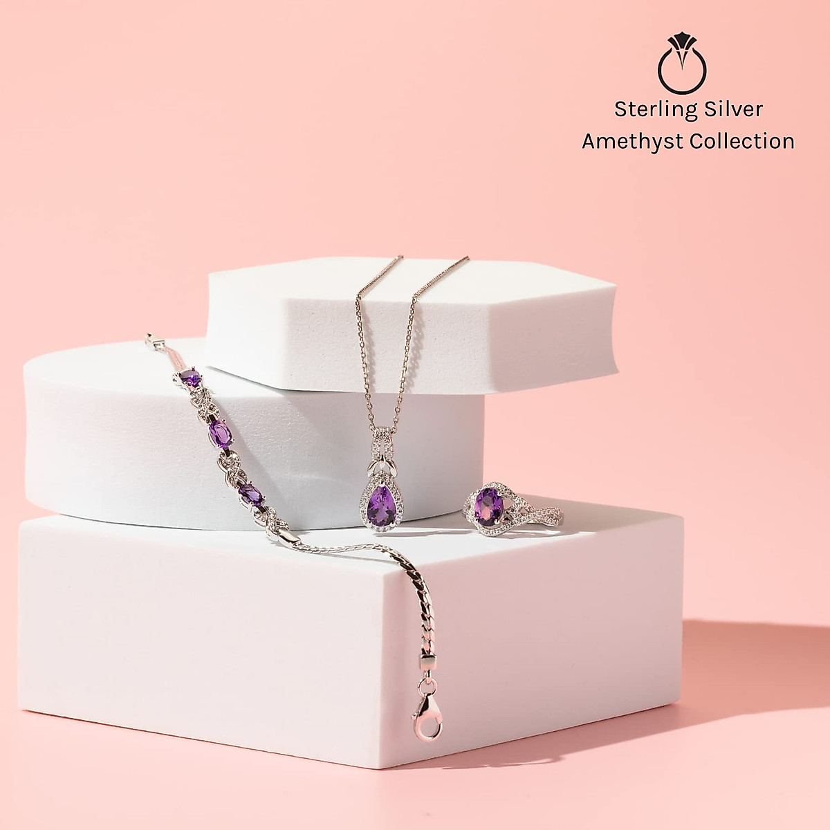 PEORA Amethyst Solitaire Drop Pendant Necklace for Women 925 Sterling Silver, Natural Gemstone, 1.50 Carats Trillion Cut 8mm, with 18 inch Chain