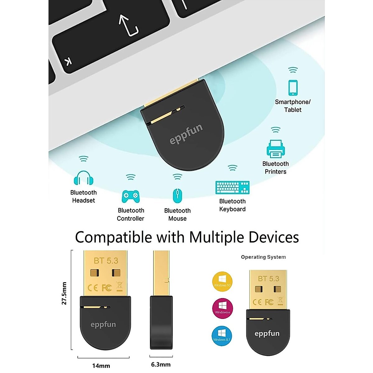 eppfun USB Bluetooth Adapter for PC Laptop Desktop, Bluetooth 5.3 Dongle Receiver, Wireless Audio Adapter, Support Windows 11/10/8.1, Compatible with Mouse Keyboard Headphones/Headsets Printers