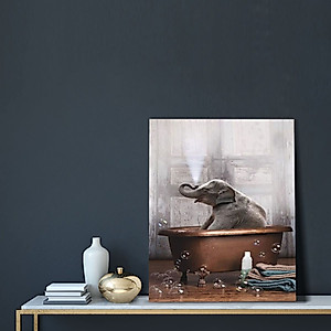 XeGe QAXme Bathroom Wall Art Funny Animals Elephant In The Tub Canvas Print Contemporary Painting Bathtub Wall Home Decor For Bathroom, Ready To Hang(Framed 16x20 Inchs)