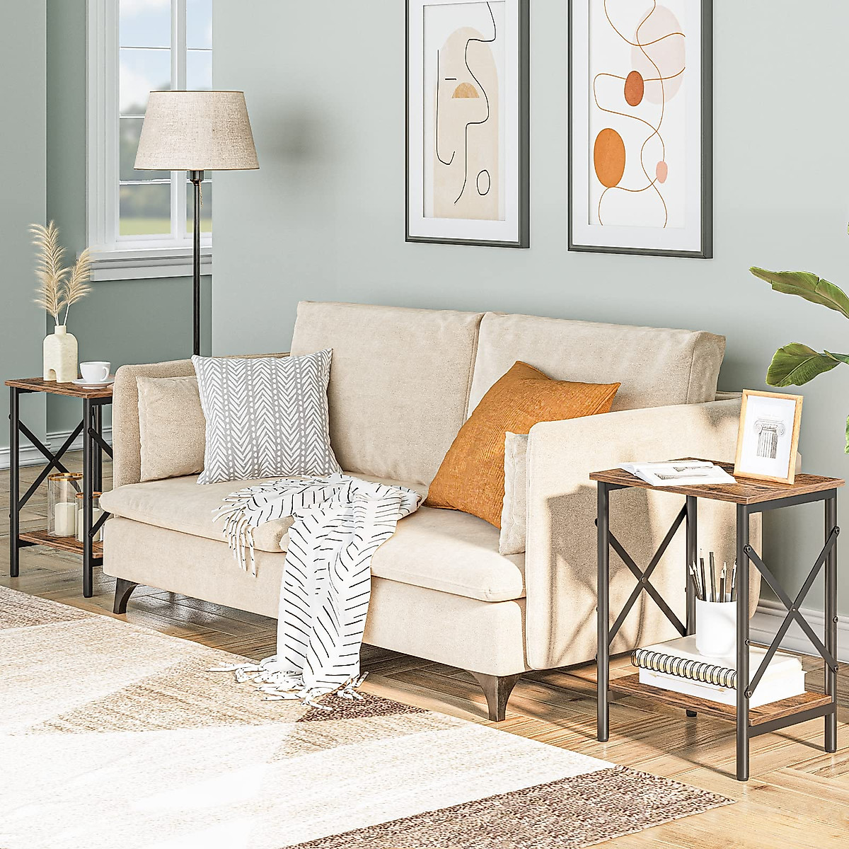 MAHANCRIS Side Table Set of 2, End Table with Storage, Bedside Table, Narrow Nightstand for Small Space, Small End Stand with Metal Frame, Living Room, Bedroom, Easy Assembly, Rustic Brown ETHR2801S2Z