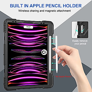 SUPFIVES Case for iPad Pro 12.9 2022 6th Generation: Upgraded Military Grade Shockproof Protective Silicone Cover for iPad 12.9 Inch 5th Gen 2021-Pencil Holder-Handle-Shoulder Strap-Kick Stand-Black