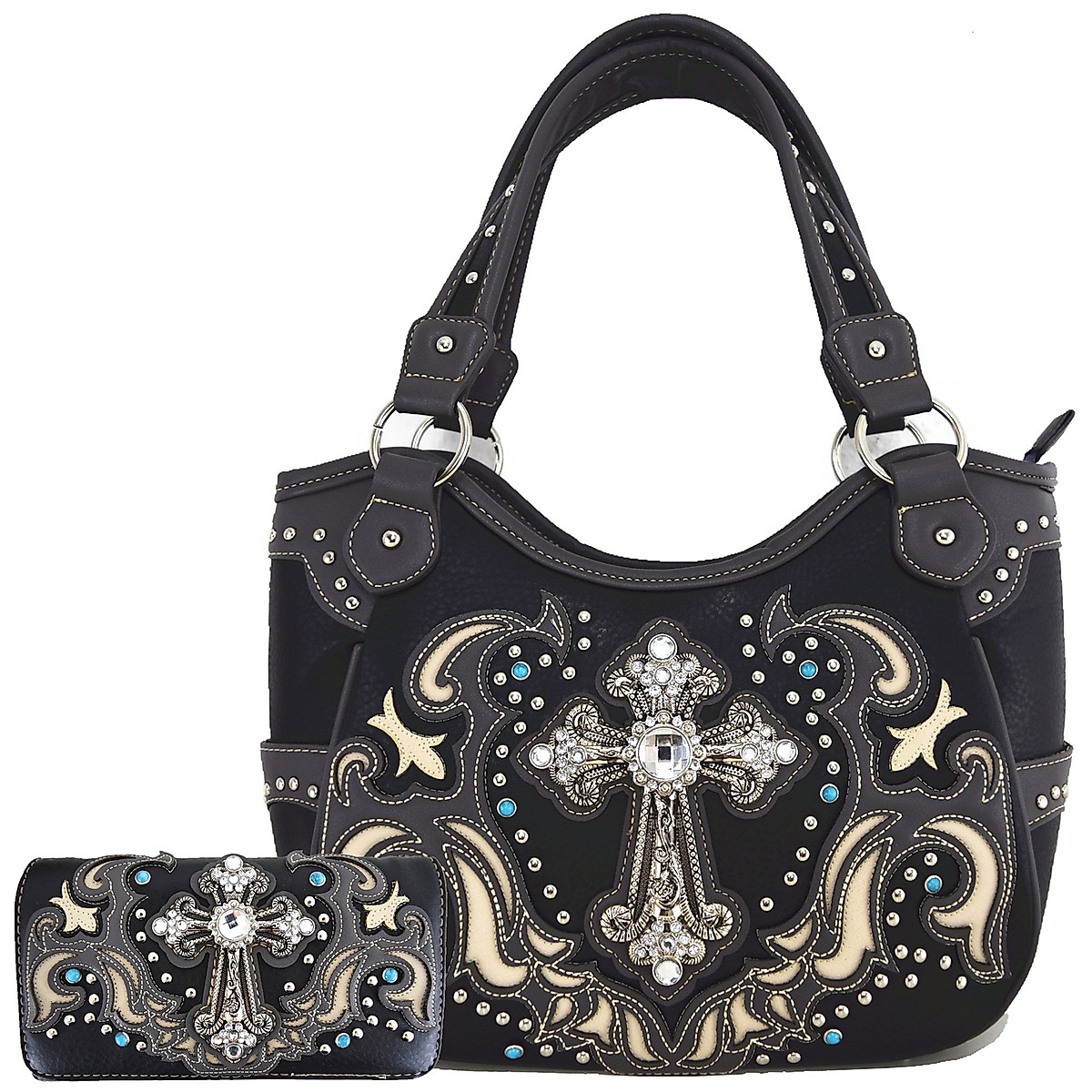 Western Style Rhinestone Cross Tote Concealed Carry Purse Laser Cut Handbag Women Shoulder Bag Wallet Set (Black/Gray Set)