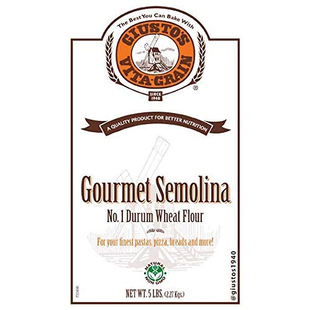 Giusto's Vita-Grain Gourmet Semolina All-Natural No. 1 Durum Wheat Flour, 5lb Bag