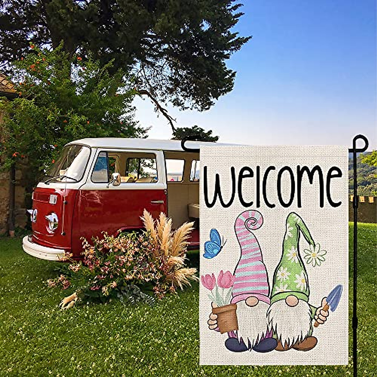 CROWNED BEAUTY Spring Garden Flag Gnomes Welcome 12×18 Inch Double Sided Vertical Outside Holiday Decor for Yard
