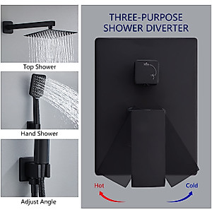 Anksaysh 8 Inch Shower System with Tub Spout, Black Shower Faucet Set for Bathroom, Square High Pressure Shower Head, 2-Setting Handheld Faucets Sets, Wall Mounted Rainfall Shower Valve Kit