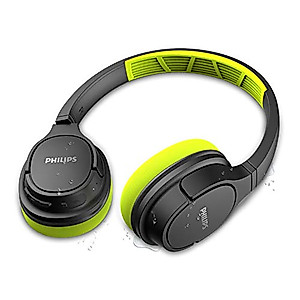 Philips ActionFit SH402 Wireless Bluetooth Headphones, IPX4 Splash-Resistance, Up to 20 hours of Play time, Echo Cancellation, Quick Charge, Smart Pairing and Cooling Earcups - Black/Green (TASH402LF)
