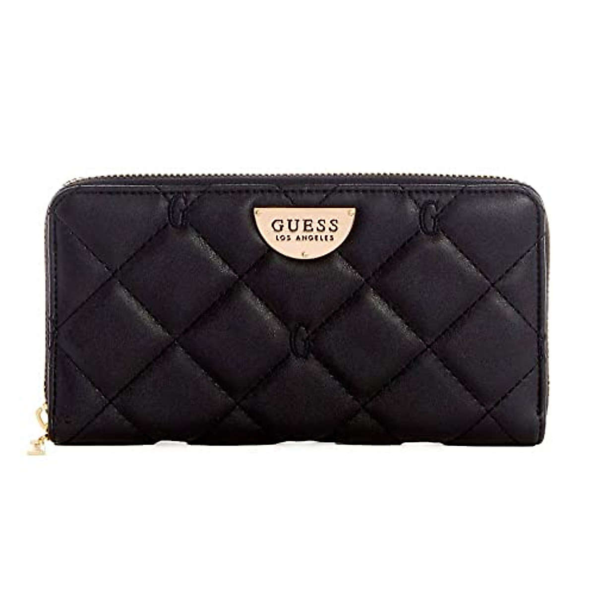 GUESS Women's Quilted Logo Embroidered Zip Around Wallet Clutch Bag - Black