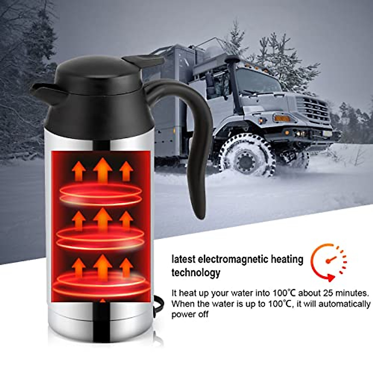 Car Kettle Electric Kettle Camping 12V 750ml Coffee Maker Water Boiler Portable Travel Car Truck Kettle Hot Water Heater Bottle for Tea Coffee Making Cigarette Lighter Heating Cup, 120W