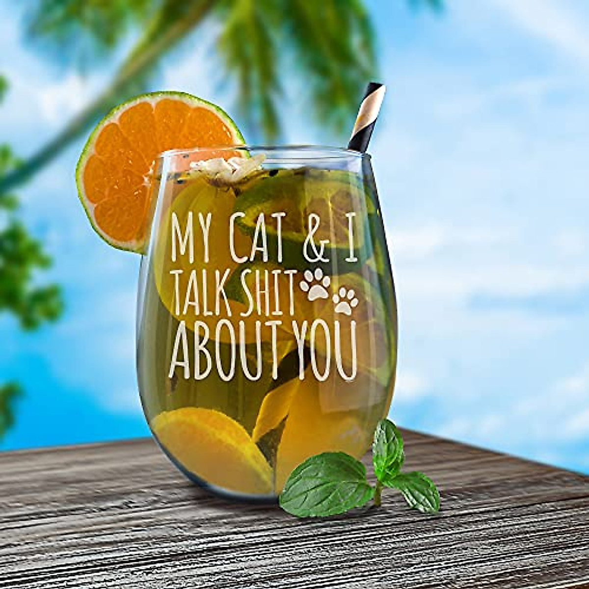 shop4ever® My Cat & I Talk About You Engraved Stemless Wine Glass Funny Cat Mom Gift