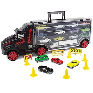 Boley 22Piece Truck Carrier - Big Rig Hauler Truck Transport with Slots for Car Transport - Great for Kids, Toddlers, Children - Boys & Girls Cars & Trucks Toys, Multicolor