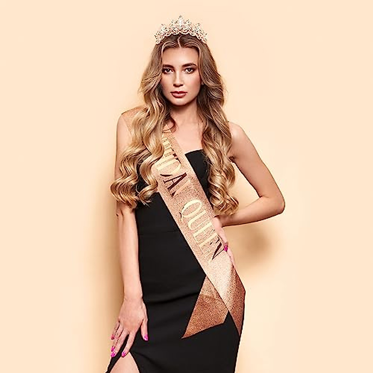 Tihebax Birthday Crown Rose Gold Crystal Tiara Birthday Queen Sash Birthday Headband Crowns for Women Birthday Queen Series Party Gift Halloween Cosplay Rhinestone Headbands(Rose Gold)