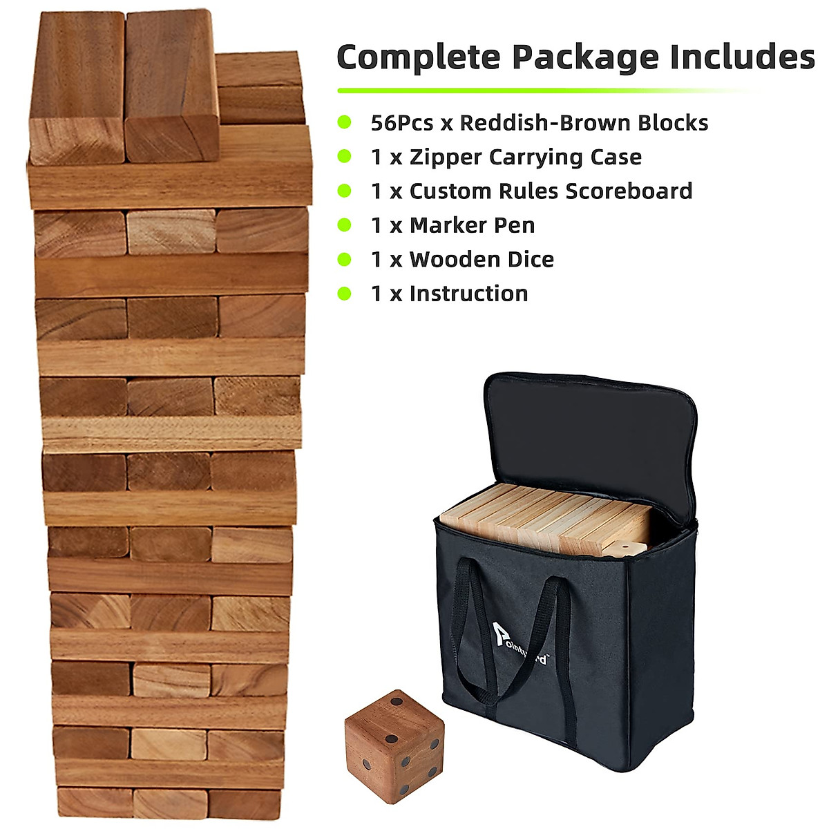 Pointyard 56PCS Giant Tumble Tower [Stack to 5FT+], Carbonized Pine Wooden Tumble Timber Game Set for Teens Adults Family - Classic Stacking Block Party Game with 1 Dice | Scoreboard | Carry Bag