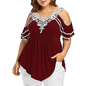Women's Plus Size Tiered Lace Appliques Cold Shoulder V-Neck T-Shirt Tops Shirt(Red, XXXXXL)