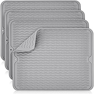 Tanlade 4 Pack Silicone Dish Drying Mat for Kitchen Counter Waterproof Heat Resistant Silicone Mat for Sink, Refrigerator Drawer Liner Dishwashing Multiple Usage, 16 x 12 Inches, Gray