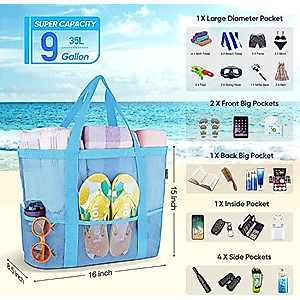 ZB.soar Mesh Beach Bags,9 Pockets Beach Bag, Large Beach Tote Swim Bags Pool Bag with Pockets (Sky Blue)