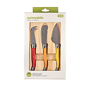 True Sunnyside Cheese Knives, Set of 3 Stainless Steel and Enamel Tools, Includes Wood Storage and Cheese Tray, Entertaining Gift Set