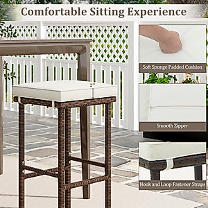 Tangkula Patio Wicker Bar Stools Set of 4, Patiojoy Outdoor Bar Height Chairs w/Seat Cushions & Footrest, Heavy-Duty Metal Frame, 400 lbs Load Bearing, Backless PE Rattan Bar Chairs