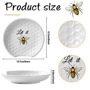 2 Pcs Bee Ceramic Spoon Rest and Bee Kitchen Towel Set Bee Kitchen Decor Set 5'' Bee Theme Spoon Holder Absorbent Tea Towels 16 x 24'' Honeycomb Dish Towels Kitchen Utensil Rest for Honey Bee Gift