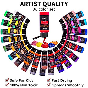 Acrylic Paint Set, 36 Colors (2 oz/Bottle) with 12 Art Brushes, Art Supplies for Painting Canvas, Wood, Ceramic & Fabric, Rich Pigments Lasting Quality for Beginners, Students & Professional Artist