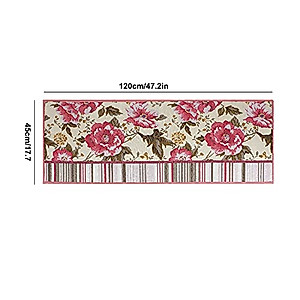 yazi Fabric Kitchen Mat Area Rug Red Striped Flower Non-Slip Rubber Backing Floomat,47x18 Inches